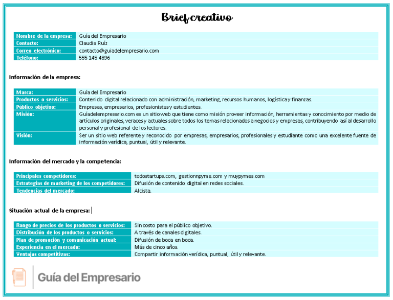 Brief creativo Plantillas Excel, Word, PDF 2025