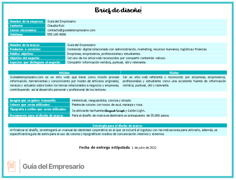 Brief de diseño Plantillas Excel, Word, PDF 2026